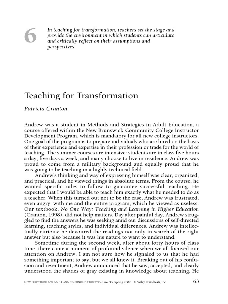 Teaching For Transformation: Patricia Cranton | PDF | Learning Theory ...
