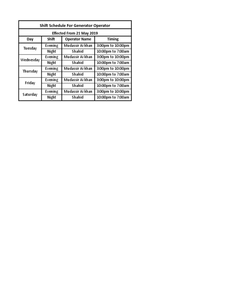 Shift Schedule For Generator Operator: Effected From 21 May 2019 Day ...