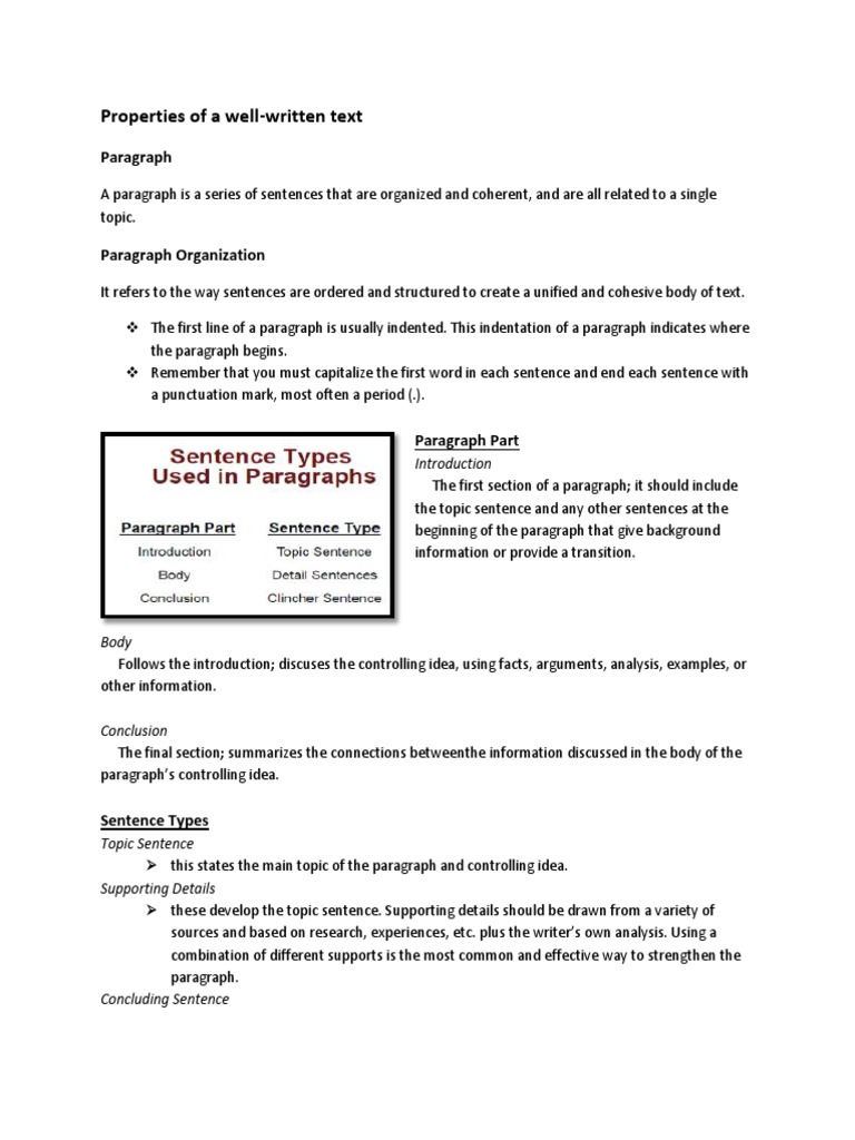 Properties of A Well-Written Text: Paragraph | PDF | Paragraph ...