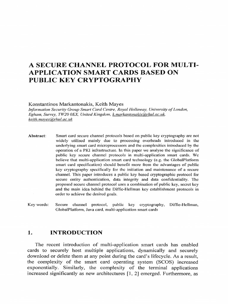 A Secure Channel Protocol For Multi-Application Smart Cards Based On Public Key Cryptography ...