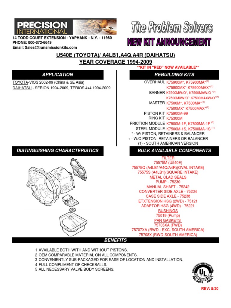 U540E (TOYOTA)/ A4LB1,A4Q,A4R (DAIHATSU) TRANSMISSION REBUILDING KITS ...