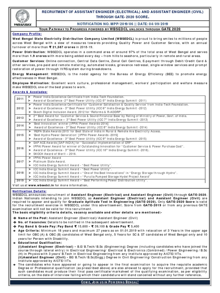 Y P P Wbsedcl Gate 2020 | PDF | Academic Degree | Engineering