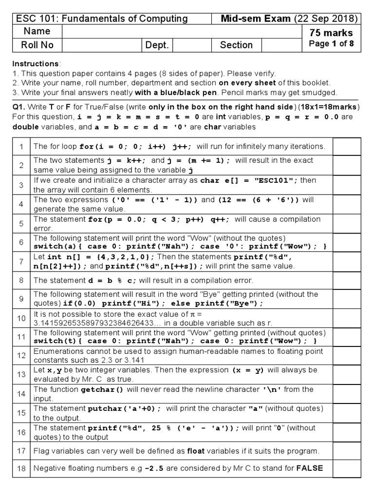 ESC 101: Fundamentals of Computing Name Roll No Dept. Section | PDF | C ...