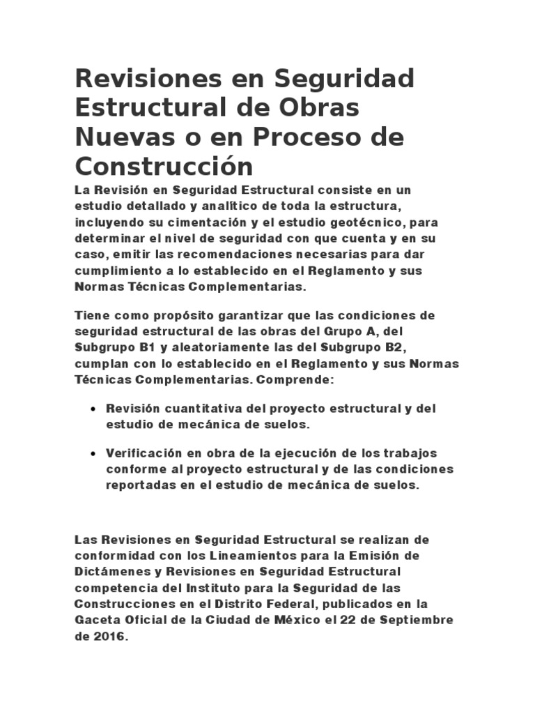 Revisiones en Seguridad Estructural de Obras Nuevas o en Proceso de ...