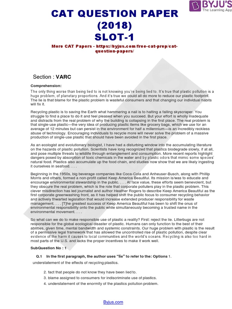 Cat Question Paper (2018) SLOT-1: Section: VARC | PDF | Heredity ...