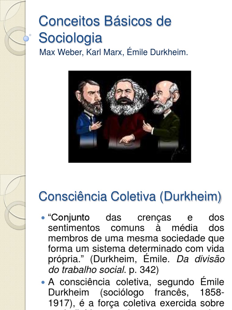Conceitos Básicos de Sociologia: Max Weber, Karl Marx, Émile Durkheim | PDF | Émile Durkheim ...
