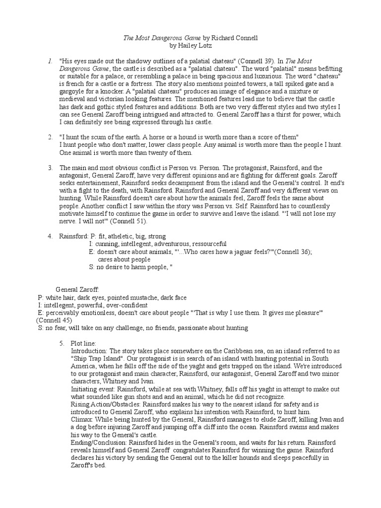 Analysis of Characters in "The Most Dangerous Game" | PDF | History ...