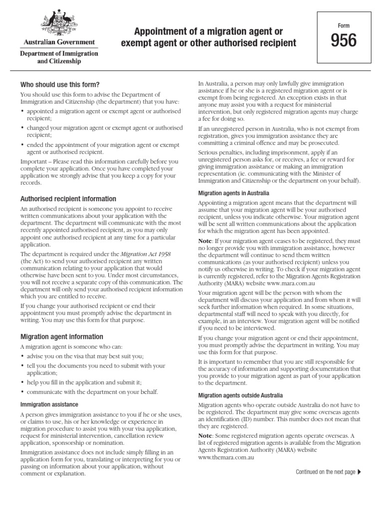 Form 956: Migration Agent Appointment | PDF | Criminal Record | Travel Visa