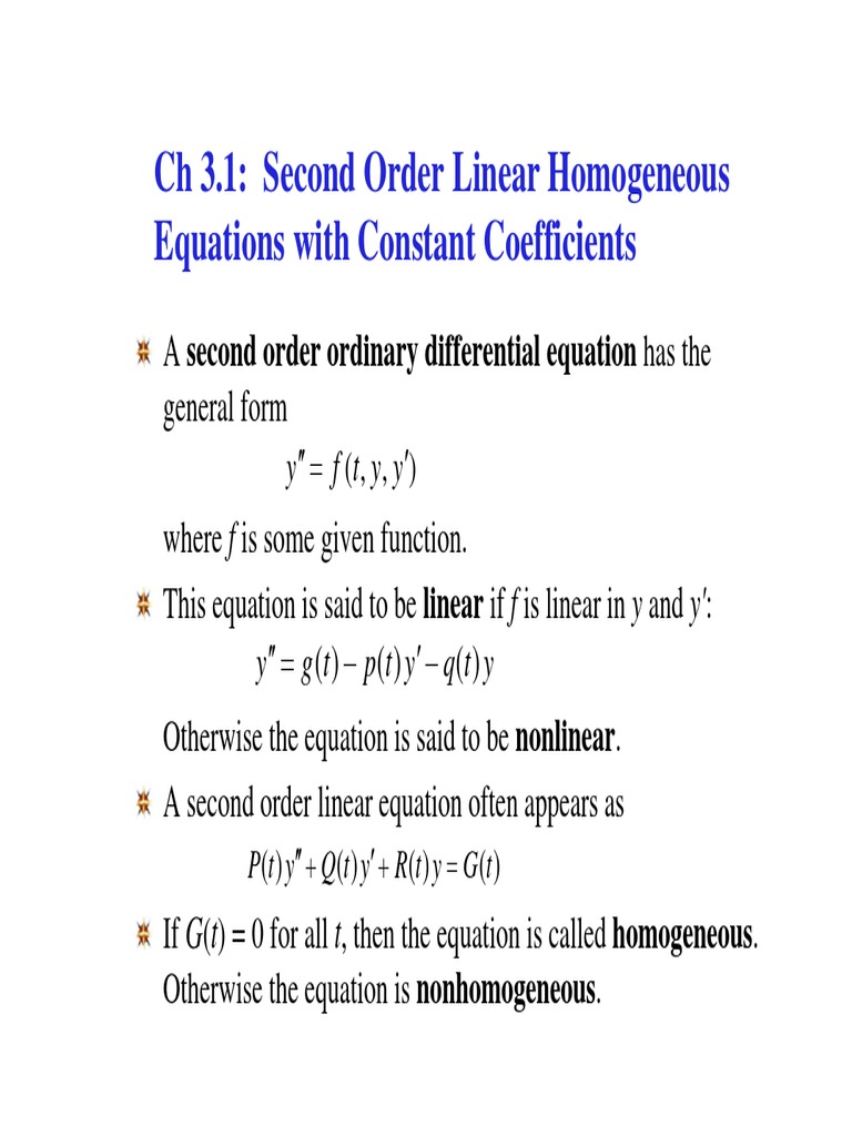 CH 3.1: Second Order Linear Homogeneous Equations With Constant ...