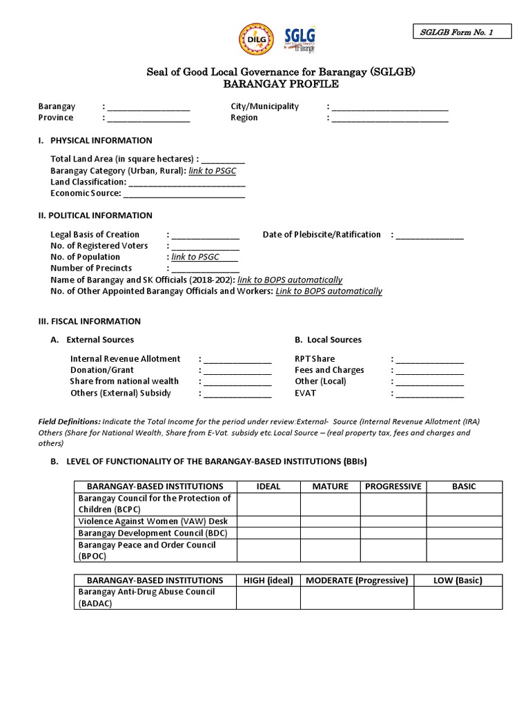Seal of Good Local Governance For Barangay (SGLGB) Barangay Profile ...