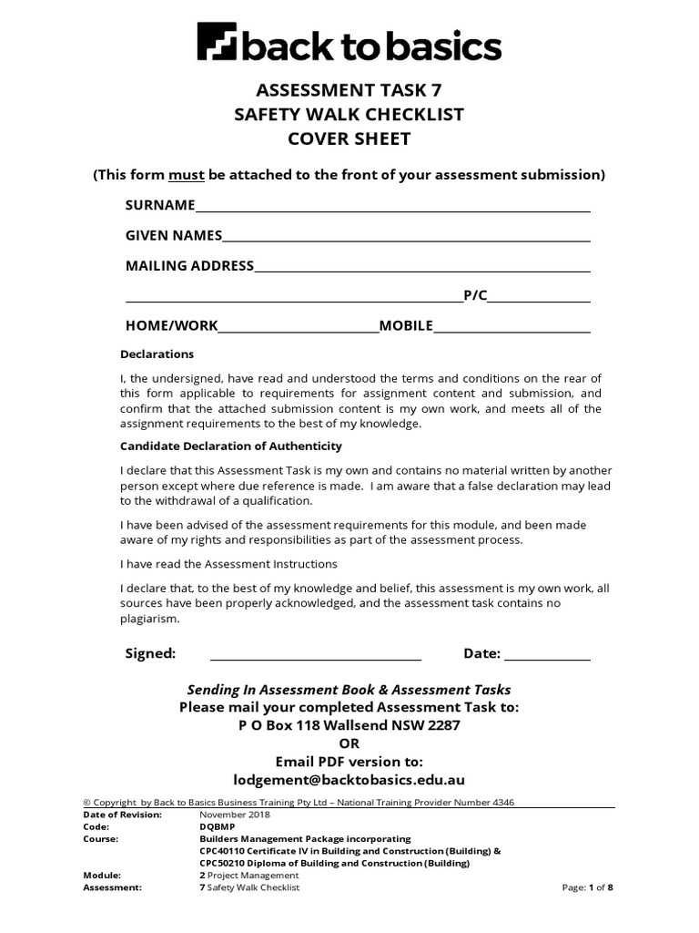 Assessment Task 7 Safety Walk Checklist Cover Sheet: Declarations | PDF ...