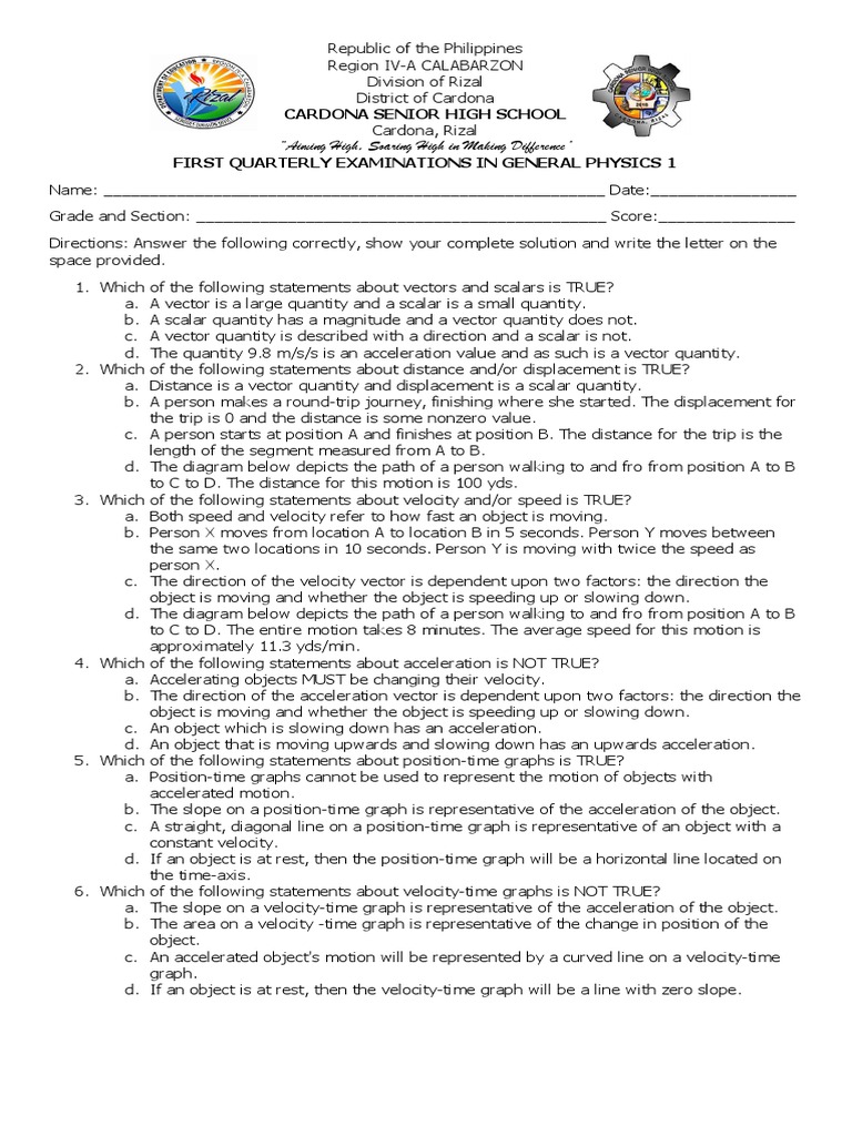 Grade 12 General Physics Exam Q1 | PDF | Acceleration | Force