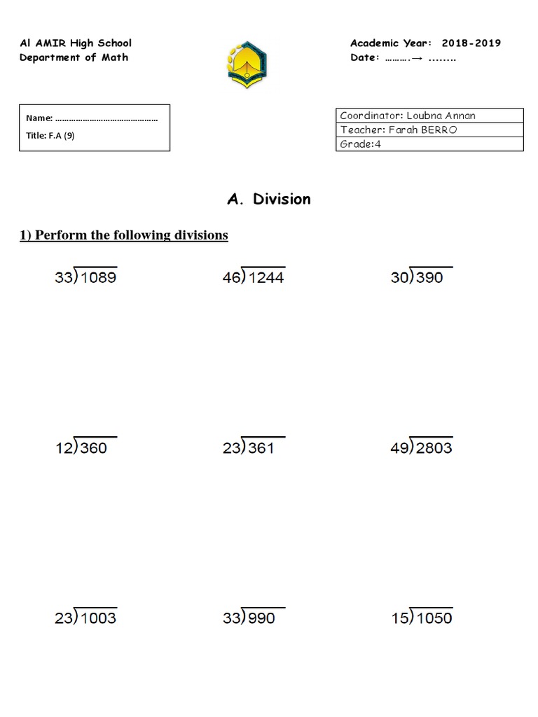 A. Division: 1) Perform The Following Divisions | PDF | Rectangle ...
