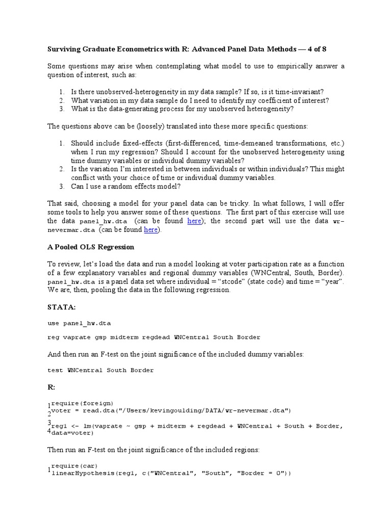 Surviving Graduate Econometrics With R Advanced Panel Data Methods - 4 of 8 | PDF | Ordinary ...