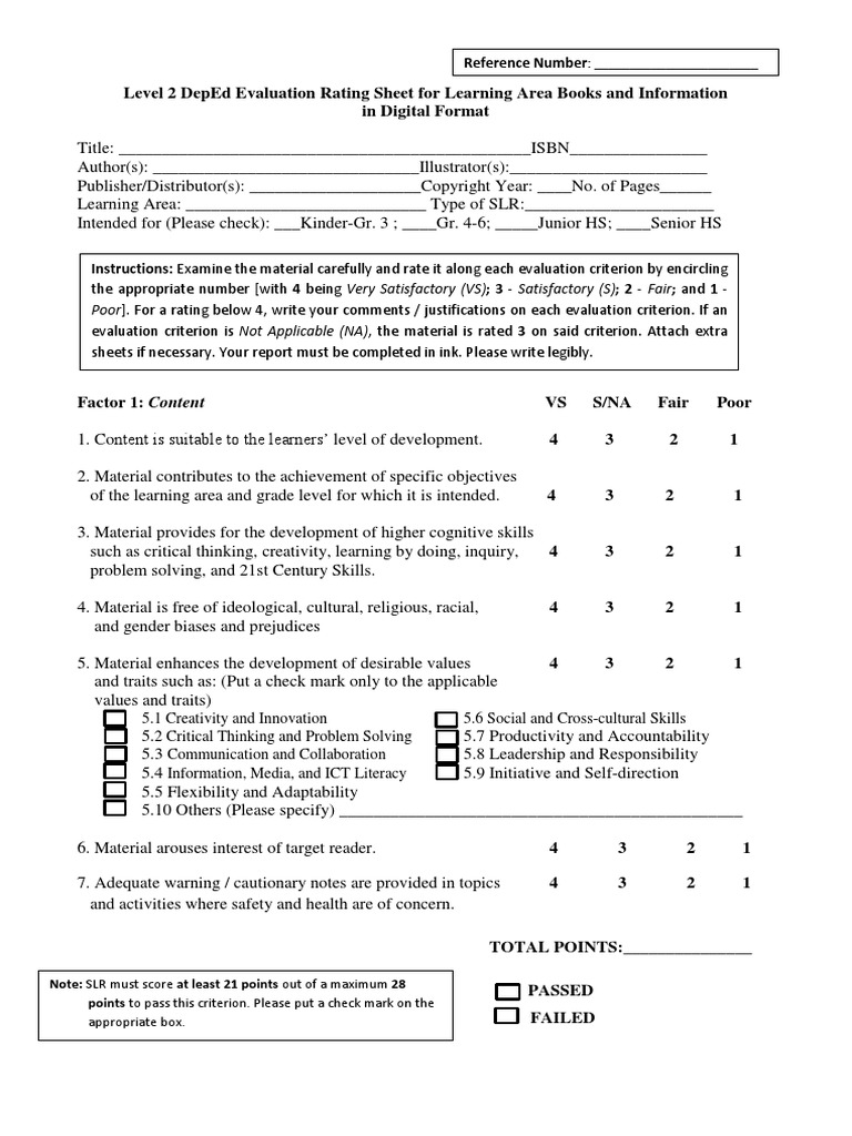 Level 2 DepEd Evaluation Rating Sheet For Learning Area Books Final ...