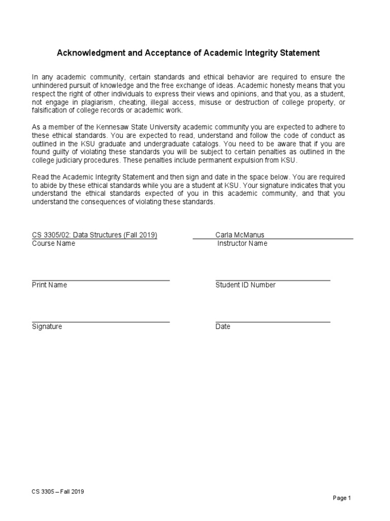 Acknowledgment and Acceptance of Academic Integrity Statement | PDF ...