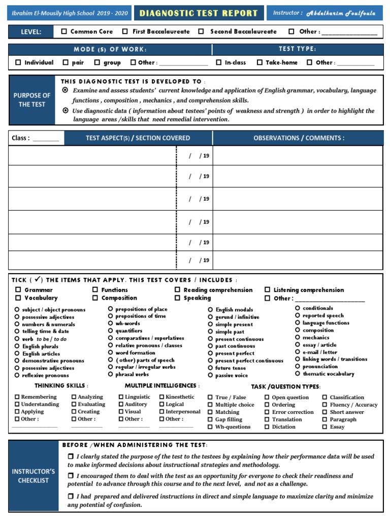 Diagnostic Test Report Form - 2019 | PDF | English Language | Question