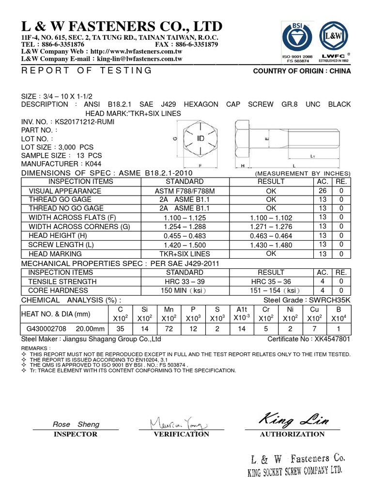 Certificado de Calidad Perno | PDF | Screw | Metalworking