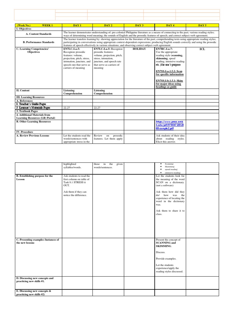 Week 1 Lesson Plan: Reading Skills | PDF | Stress (Linguistics ...