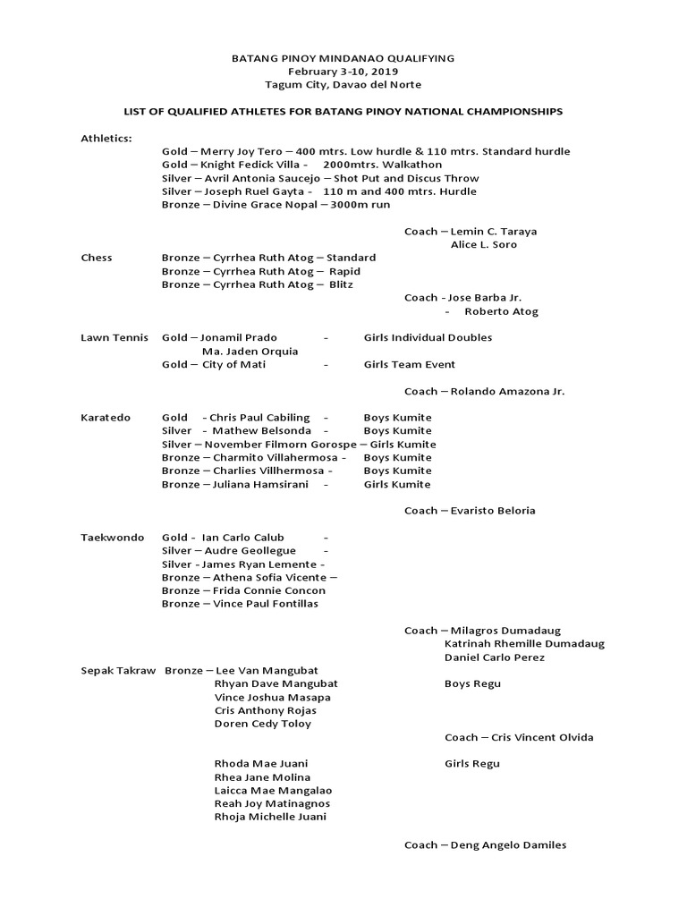 Batang Pinoy Mindanao Qualifying | PDF | Individual Sports | Sports