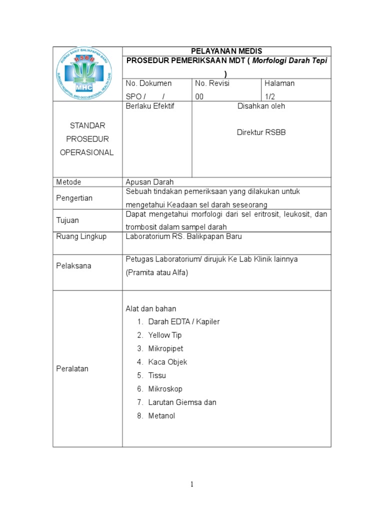 Pelayanan Medis PROSEDUR PEMERIKSAAN MDT (Morfologi Darah Tepi) | PDF