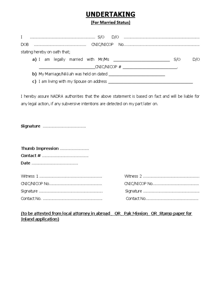 NADRA - Undertaking For Married Status | PDF | Marriage, Unions And ...