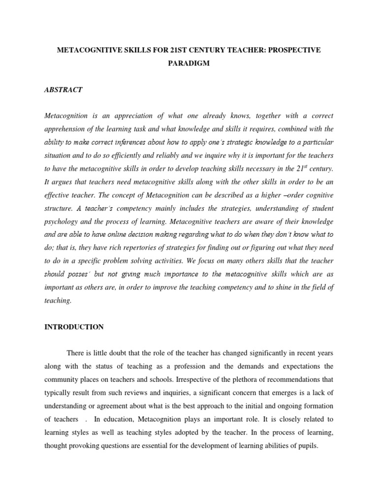 Metacognitive Skills For 21St Century Teacher: Prospective Paradigm | PDF | Metacognition | Teachers