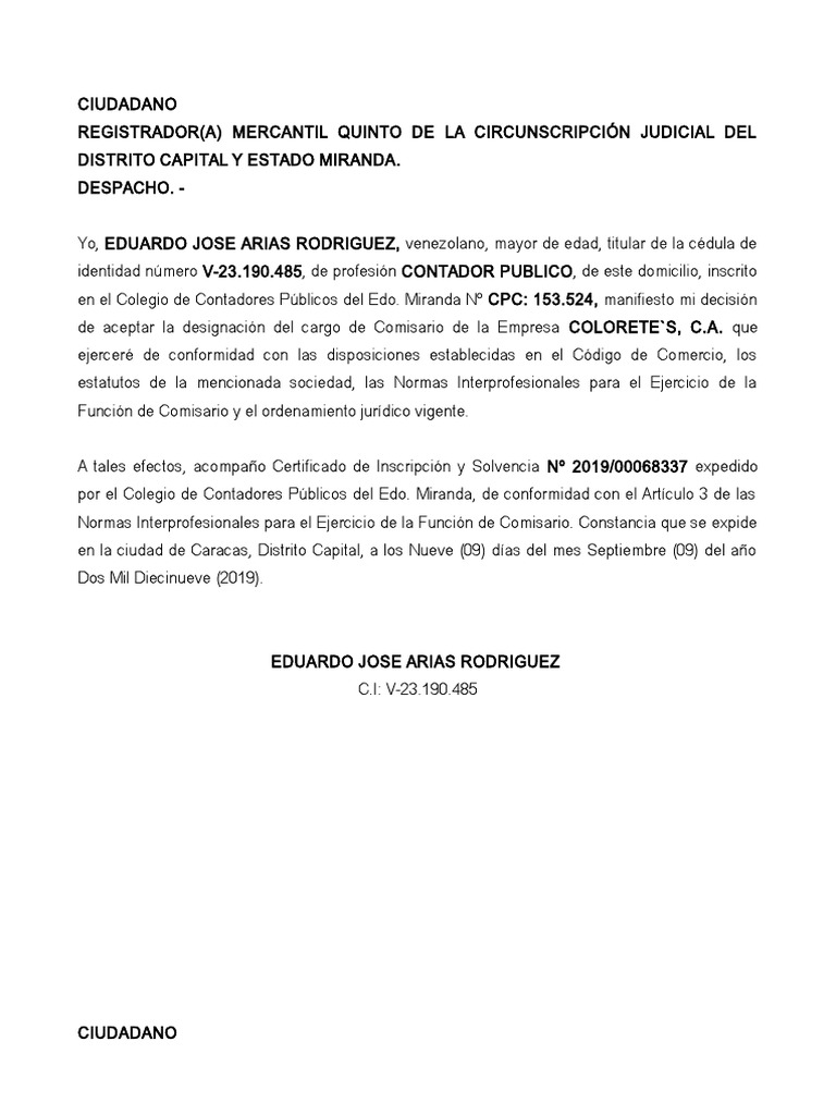 Aceptacion Del Comisario | PDF | Contador | Información del gobierno