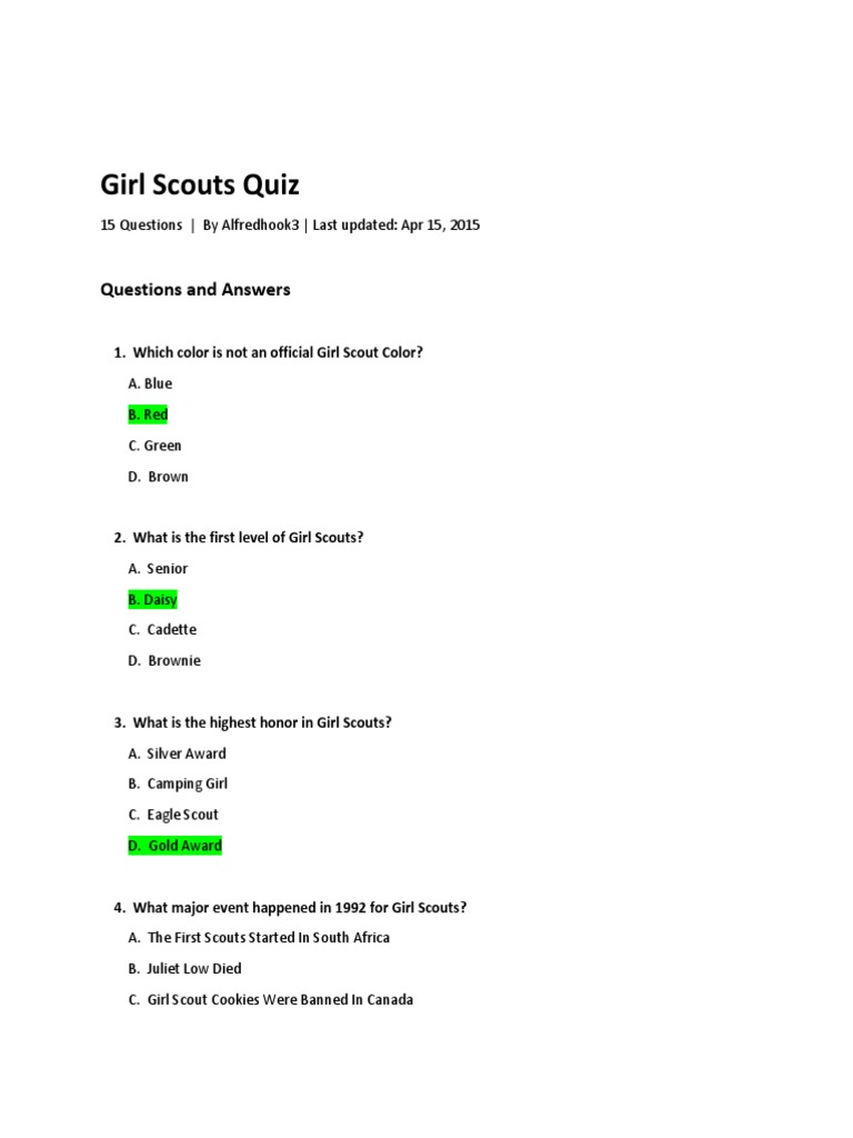 Girl Scouts Quiz: Questions and Answers | PDF