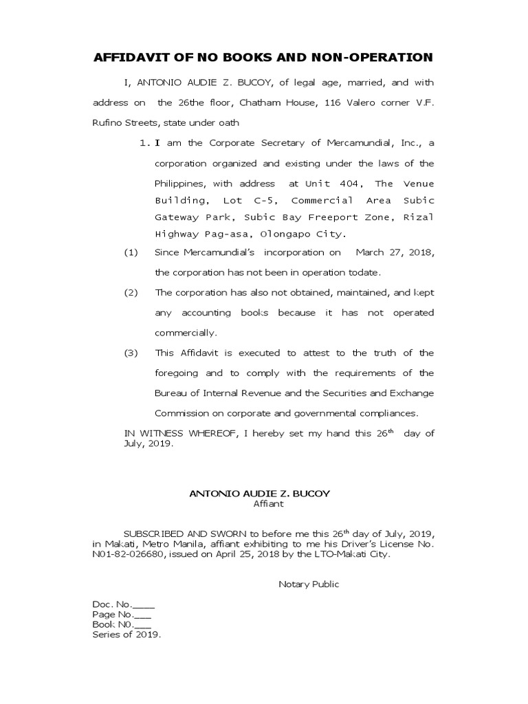 Affidavit of No Books and Non-Operation