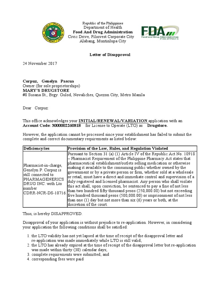 Letter of Disapproval | PDF | Pharmacy | Common Law