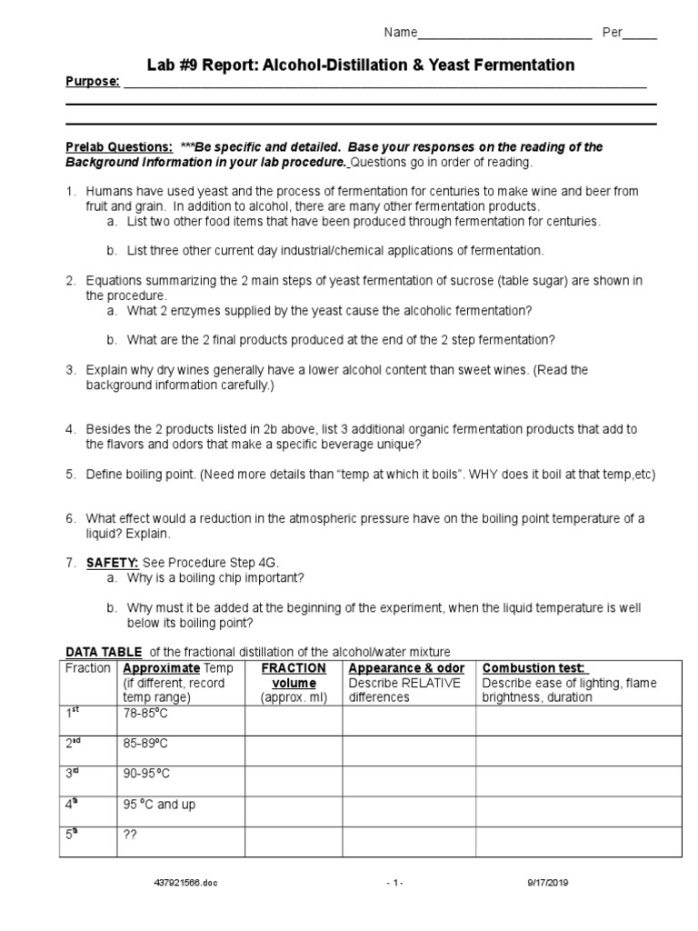 Lab 9 Alcohol-Distillation and Yeast Fermentation Lab Report | PDF ...