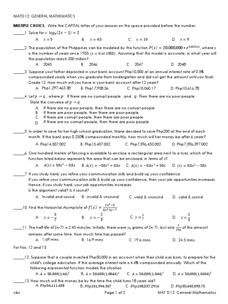 Gen Math Quiz Bee Questionnaire Grade11 | PDF | Level Of Measurement | Mean
