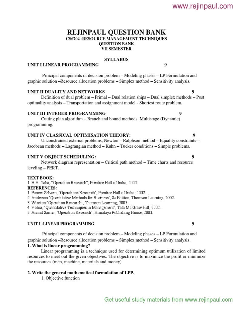 Rejinpaul Question Bank: Cs6704 - Resource Management Techniques Question Bank Vii Semester ...