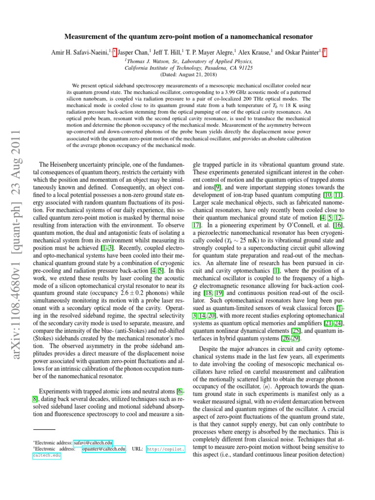 Measurement of The Quantum Zero-Point Motion of A Nanomechanical Resonator | PDF | Resonance ...