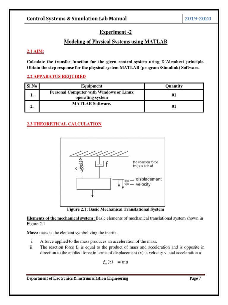 Control Systems & Simulation Lab Manual Experiment - 2 Modeling of Physical Systems Using MATLAB ...