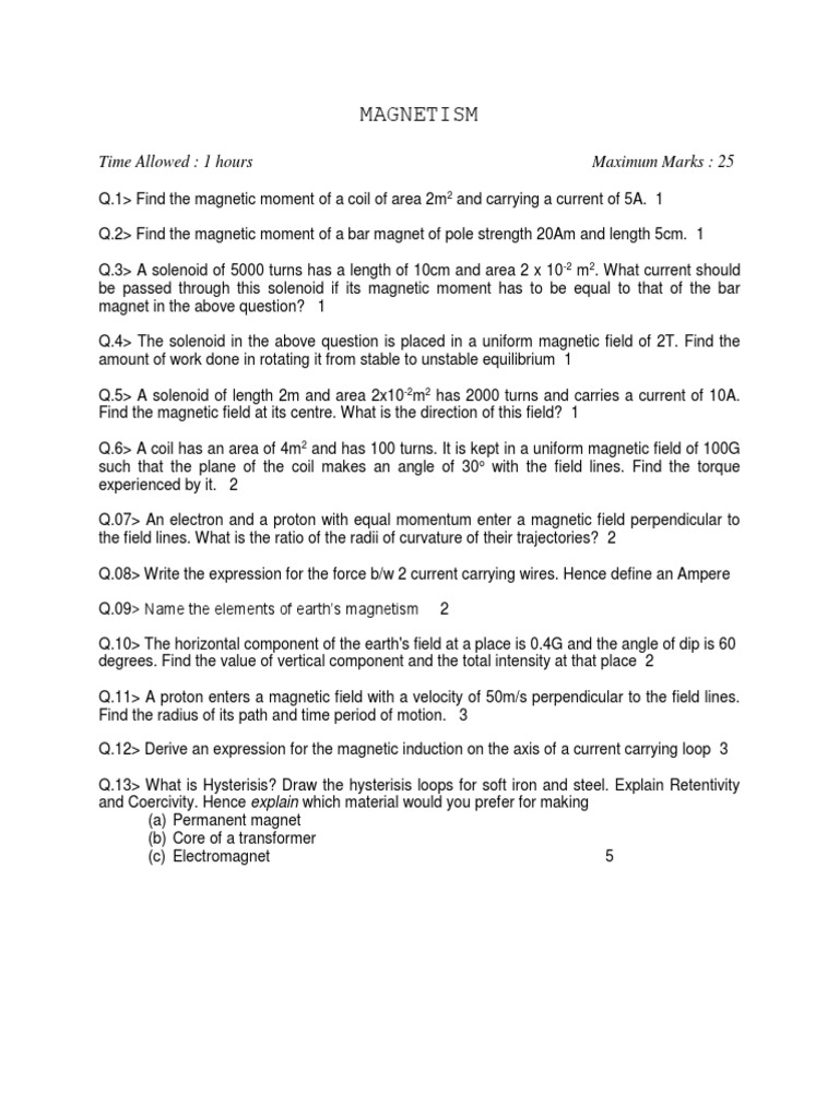 Magnetism: Time Allowed: 1 Hours Maximum Marks: 25 | PDF | Teaching ...