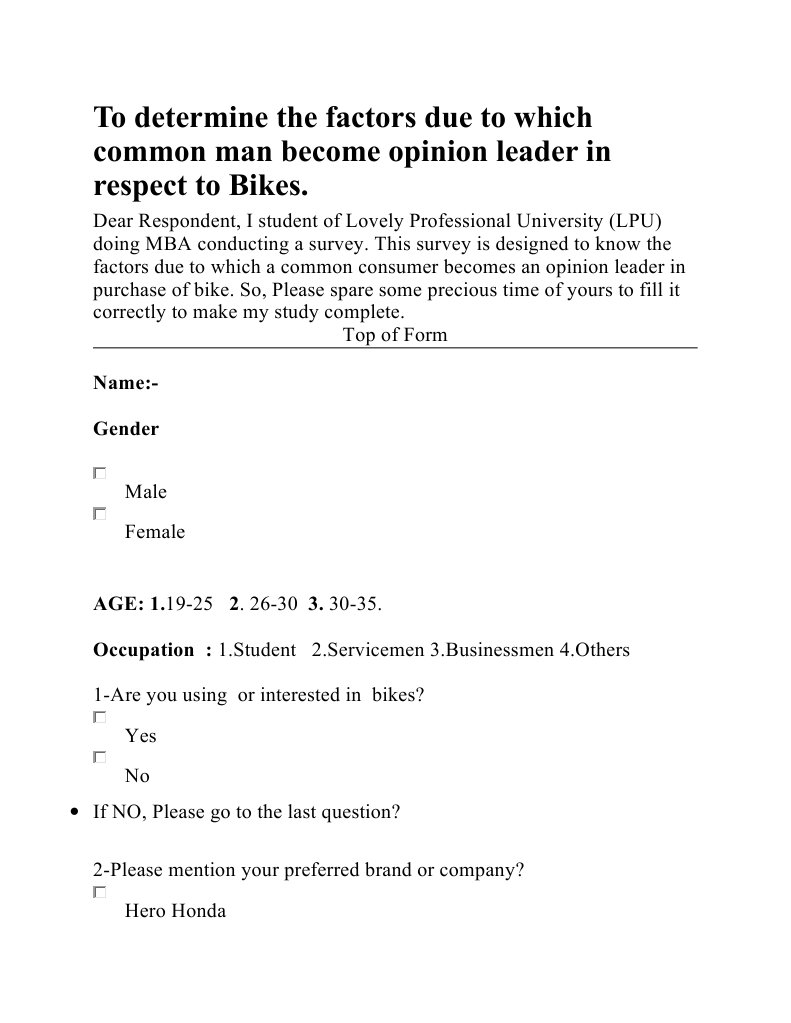 Questionnaire of Bike in CB | PDF | Motorcycle | Marketing