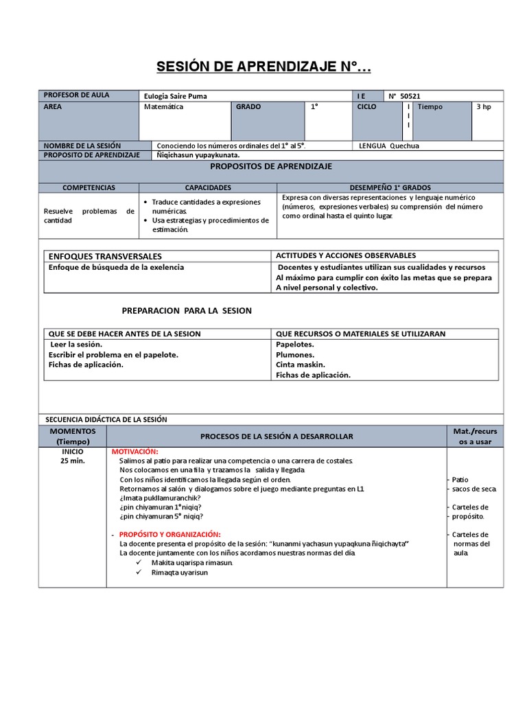 Números Ordinales: Sesión de Aprendizaje | PDF | Salón de clases ...