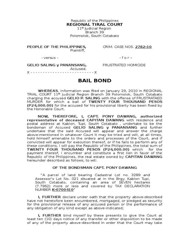 Bail Bond: Regional Tiral Court | PDF | Bail | Affidavit