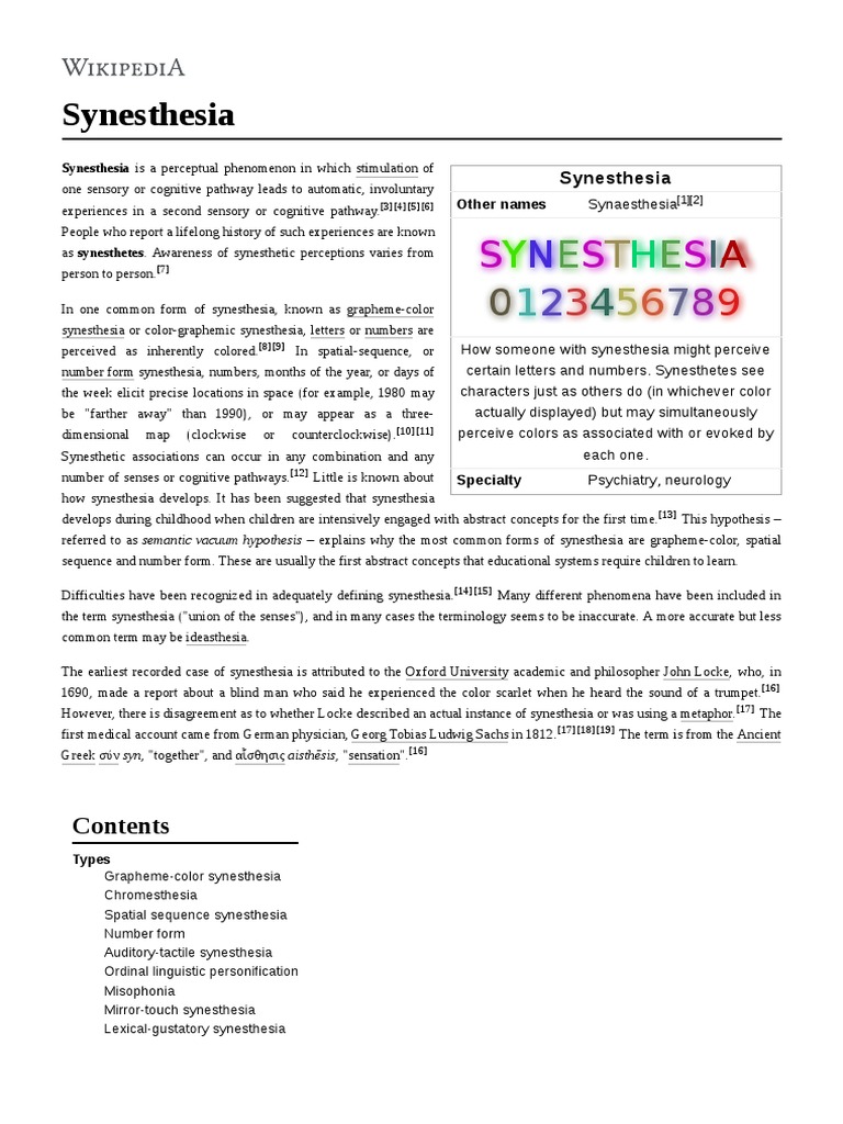 Synesthesia | PDF | Neuropsychological Assessment | Cognition