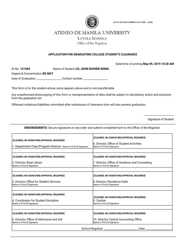 Graduating Student's Clearance Form PDF | PDF | Identity Document ...