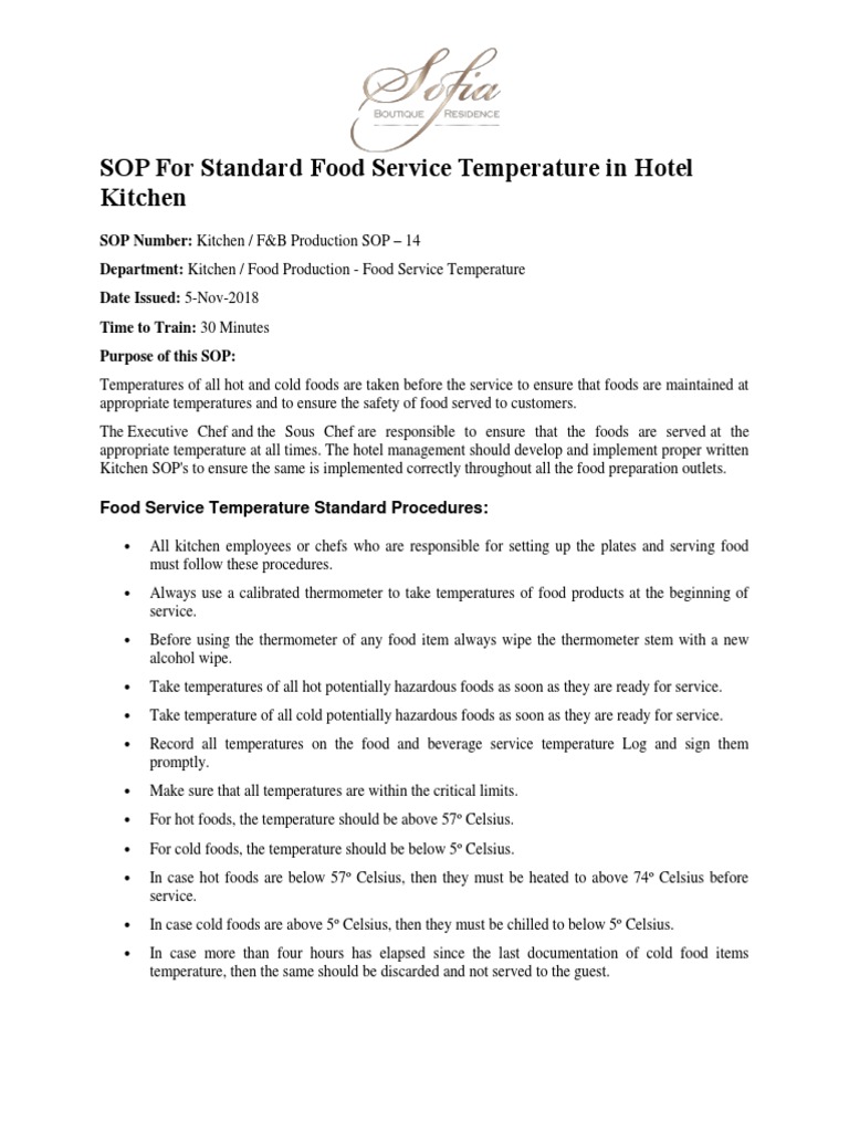 SOP For Standard Food Service Temperature in Hotel Kitchen | PDF
