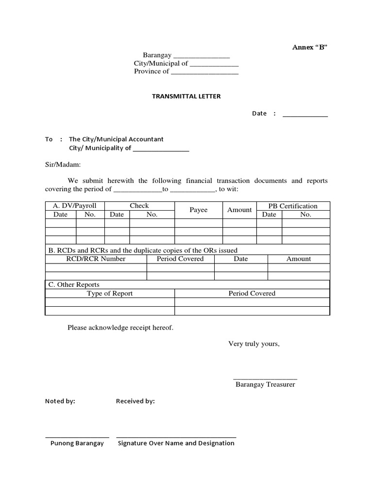 Annex B-Transmittal Letter | PDF | Payments | Services (Economics)