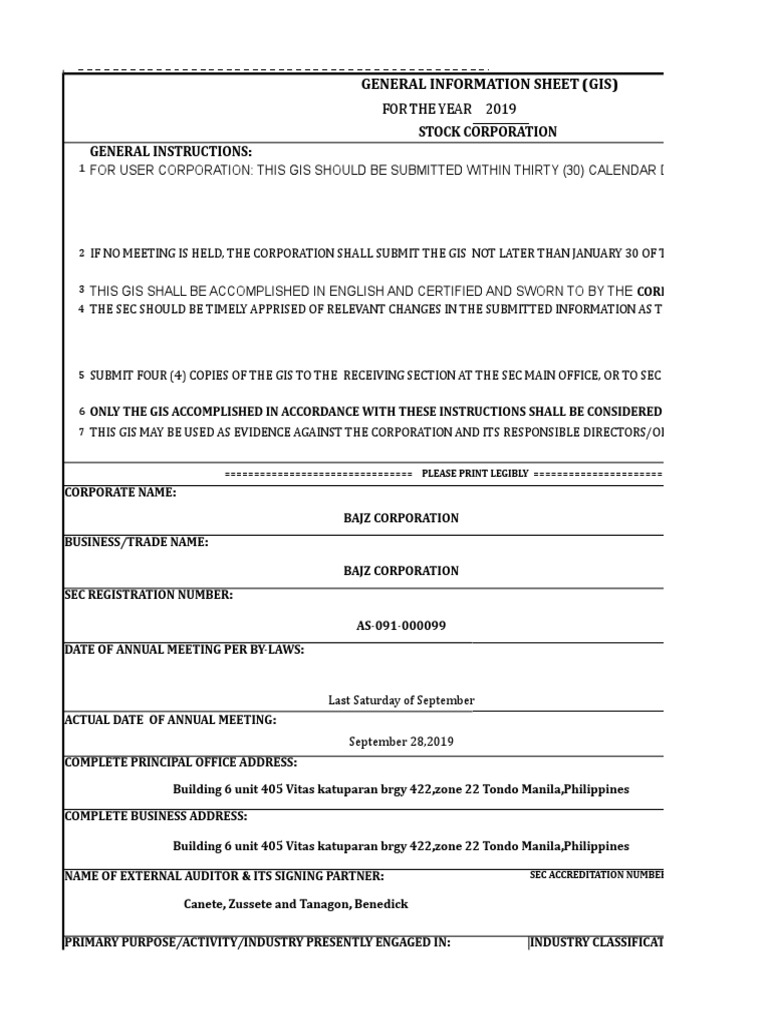 Stock Corporation General Instructions:: General Information Sheet (Gis ...