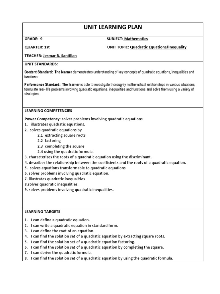 EFDT Learning Plan - Quadratic Equation | PDF | Quadratic Equation | Equations