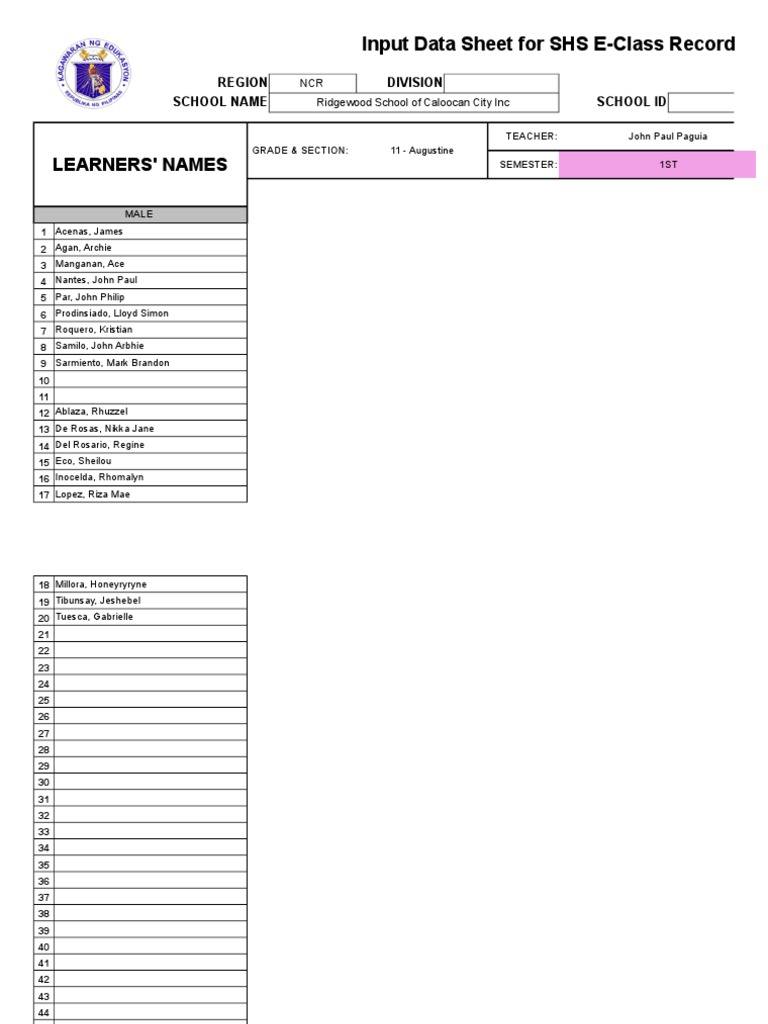 Learners' Names: Input Data Sheet For SHS E-Class Record | PDF | Learning