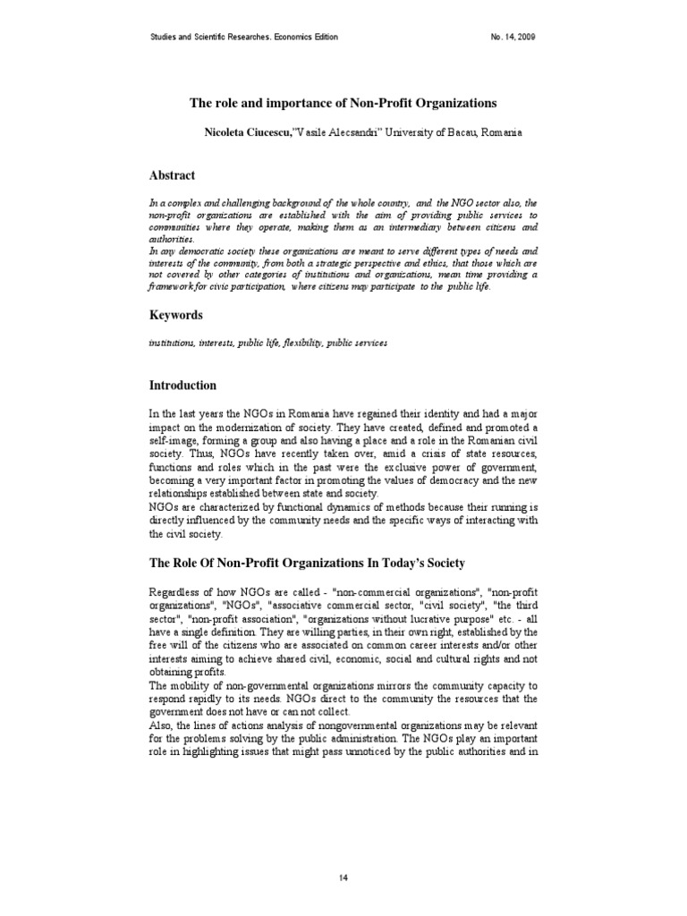 The Role and Importance of Non-Profit Organizations: Nicoleta Ciucescu,"Vasile Alecsandri ...