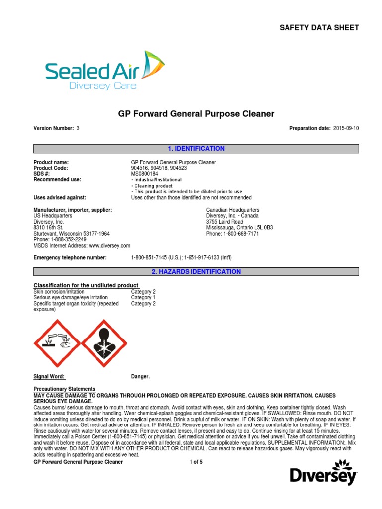 GP Forward General Purpose Cleaner: Safety Data Sheet | PDF | Hazardous ...