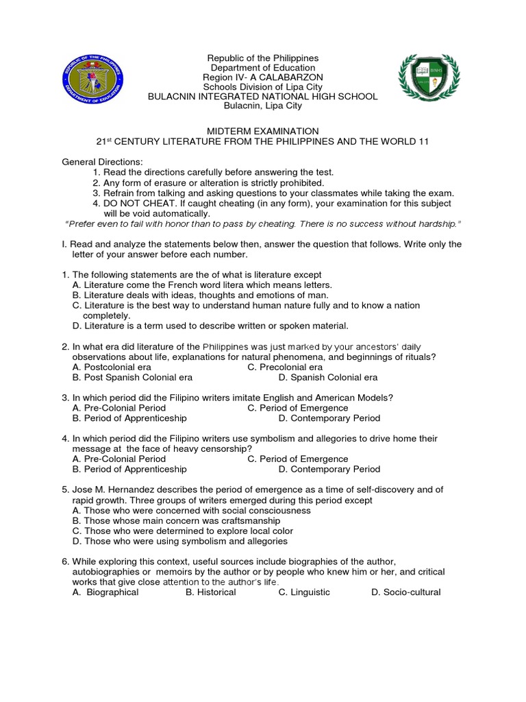 21st Century Literature Midterm Exam Guide | PDF | Narrative | Poetry
